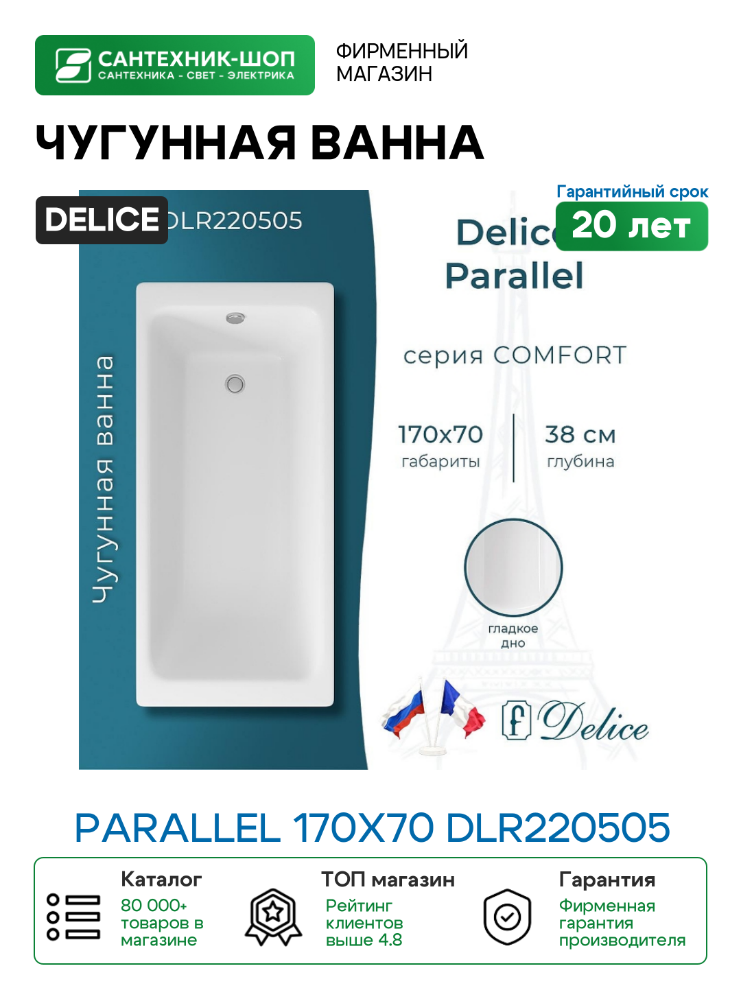 Чугунная ванна Delice Parallel 170x70 DLR220505 без отверстий под ручки и антискользящего покрытия
