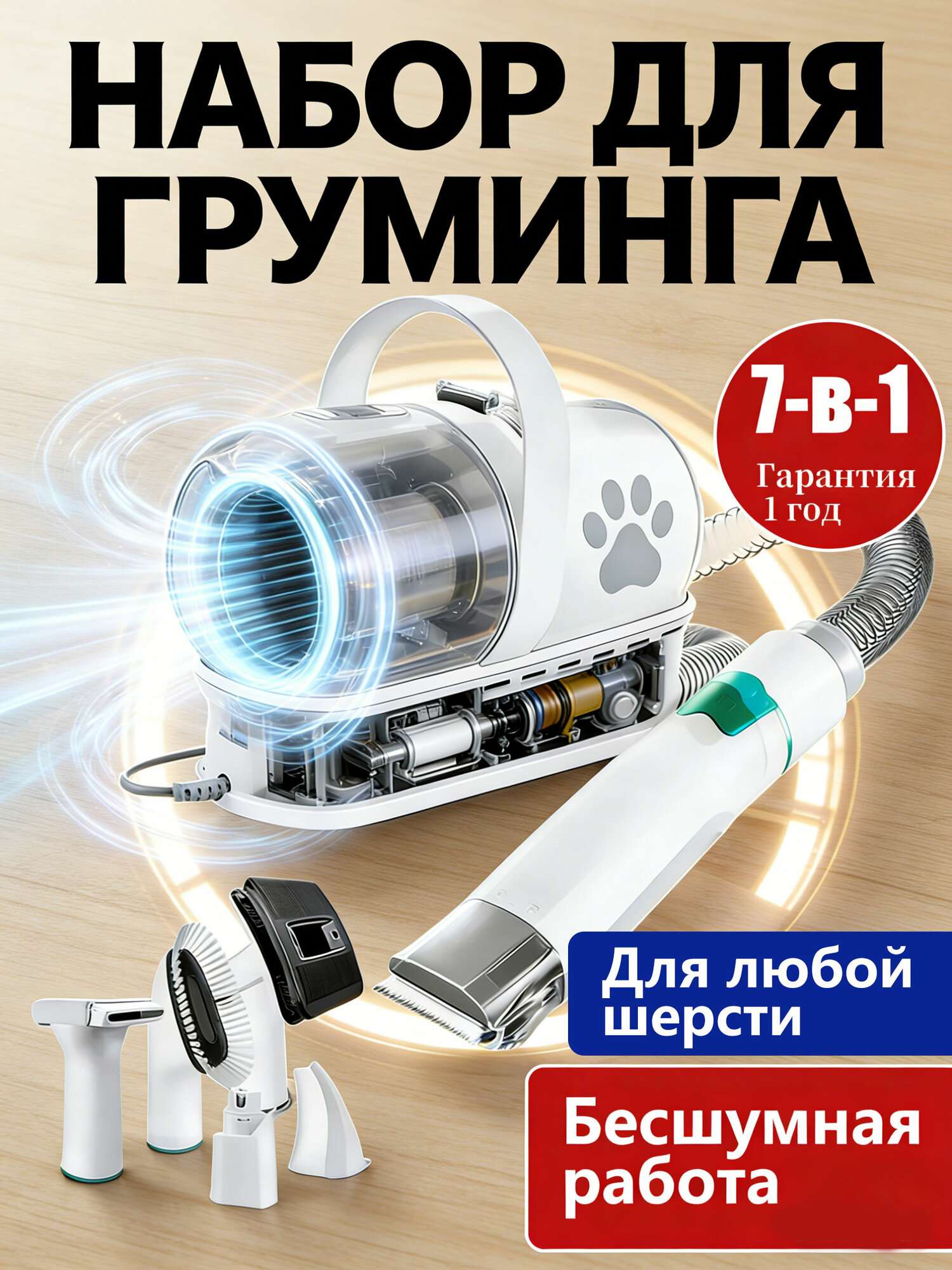 Машинка для стрижки собак с насадками, набор для груминга с пылесосом