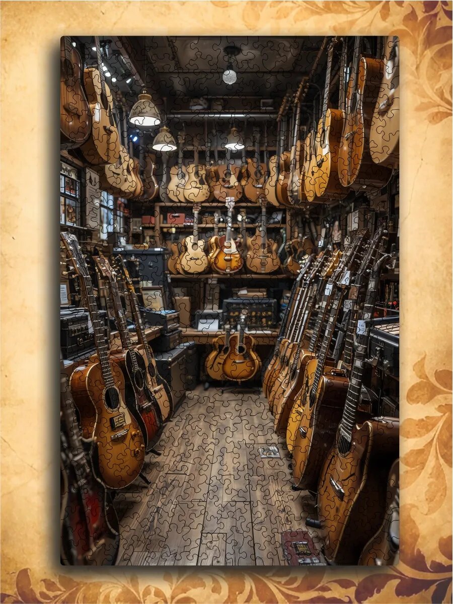 Фигурный деревянный пазл в подарок "Гитарный магазин"