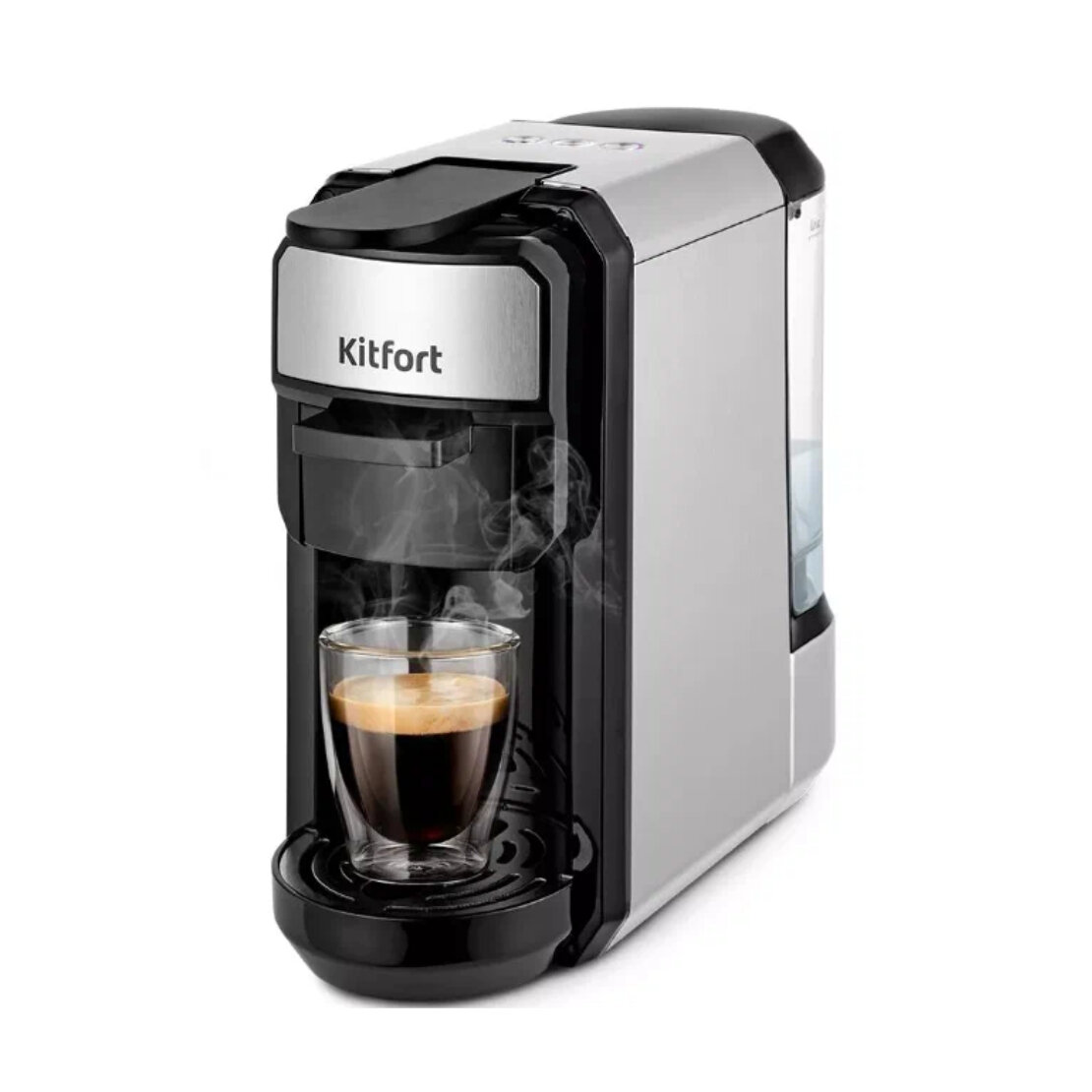 Кофемашина Kitfort КТ-7192, 1450 Вт, быстрый нагрев, 19 бар, противокапельная система, серебристый/черный