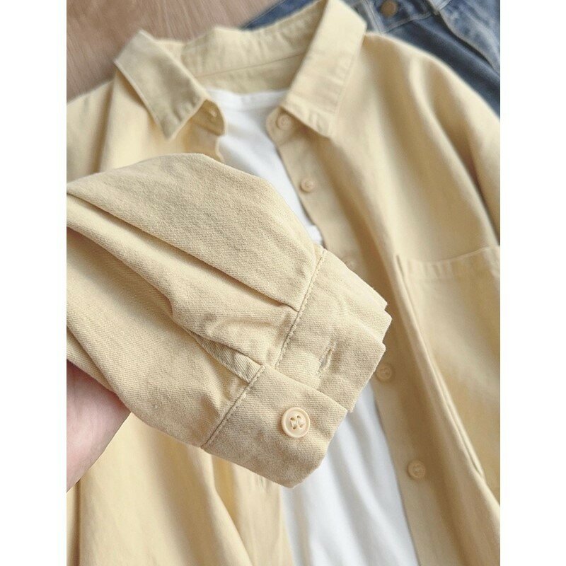 Рубашка из хлопка саржевого цвета абрикосового, однотонная, женская, для осени и зимы, дизайн для многослойного образа, нишевая рубашка, тонкое пальто для весны и осени