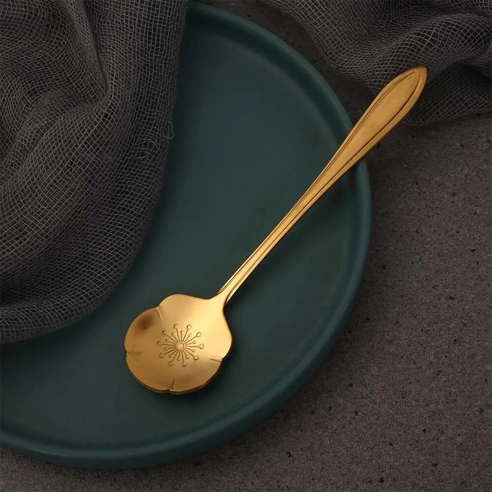 Золотая ложка для кофе с цветком, gold-8