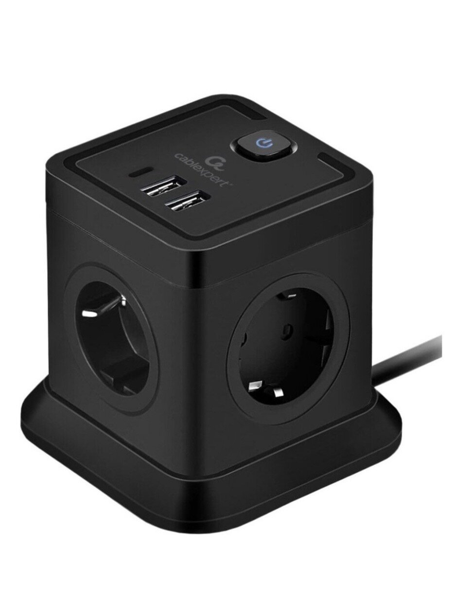 Cablexpert Tower Сетевой фильтр TWR-4-CU2-B-2. 4pаз, 10A, 1xType-C PD, 20w, 2xUSB, 2м, уровень защиты 2+ цвет черный