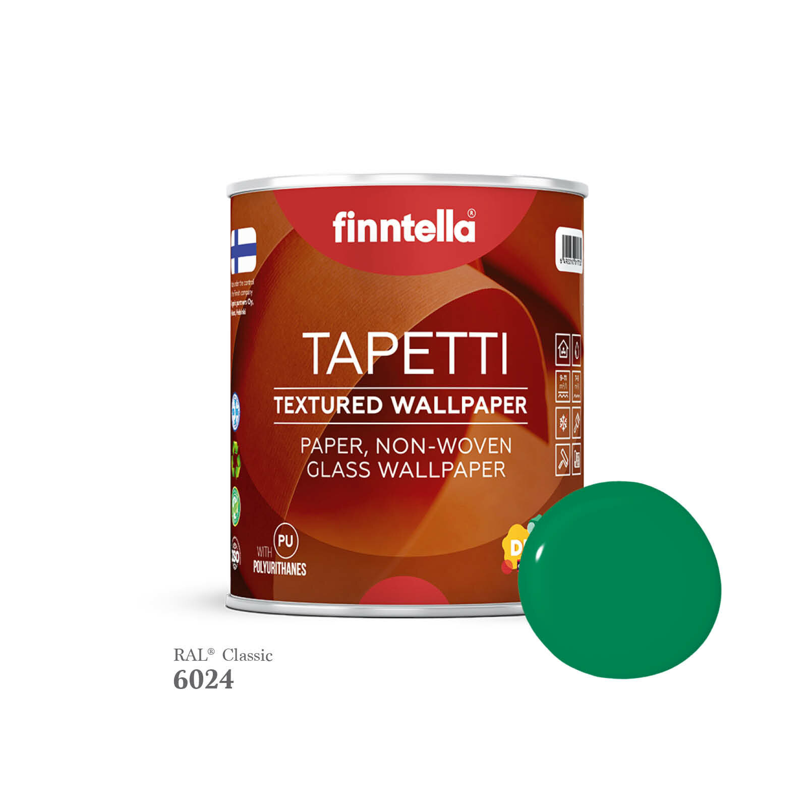 Шелковисто-матовая краска для обоев под окраску TAPETTI SILKKI Matta FINNTELLA, Цвет RAL 6024 Транспортный зеленый (Traffic green), 0,9л