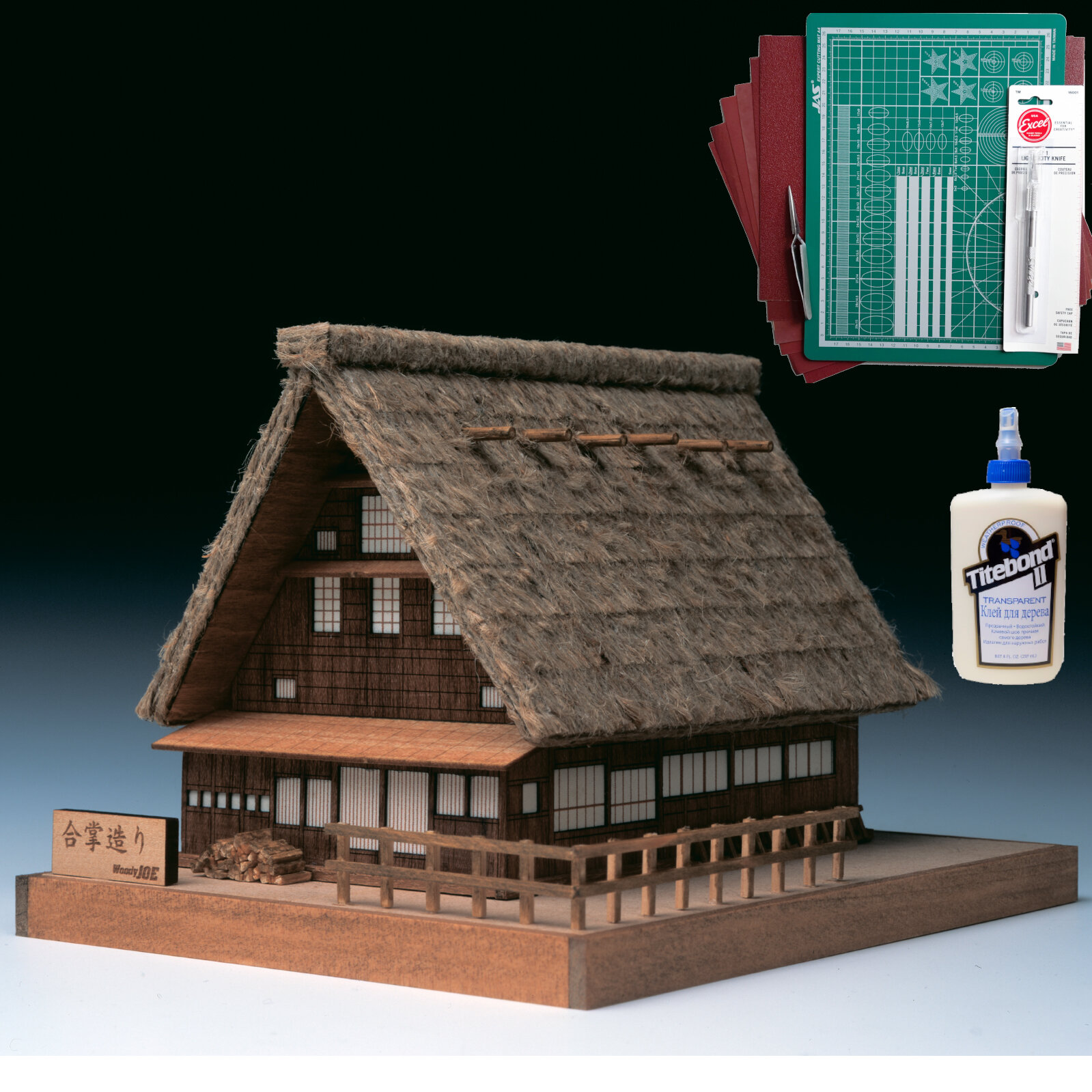 Сборная модель от Woody Joe, дом Gassho-Zukuri, 150х120х102 мм, М.1:150, подарочный набор с инструментами и клеем