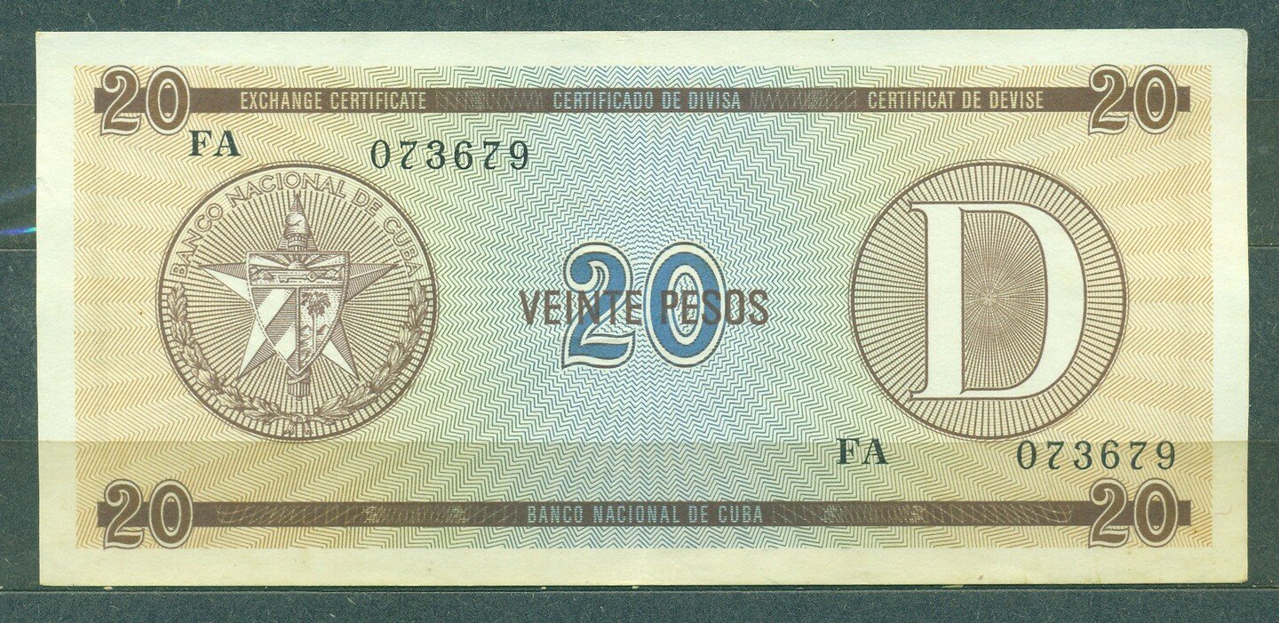 Купюра (бона) Куба 1958г. "VEINTE PESO - сертификат D" VF