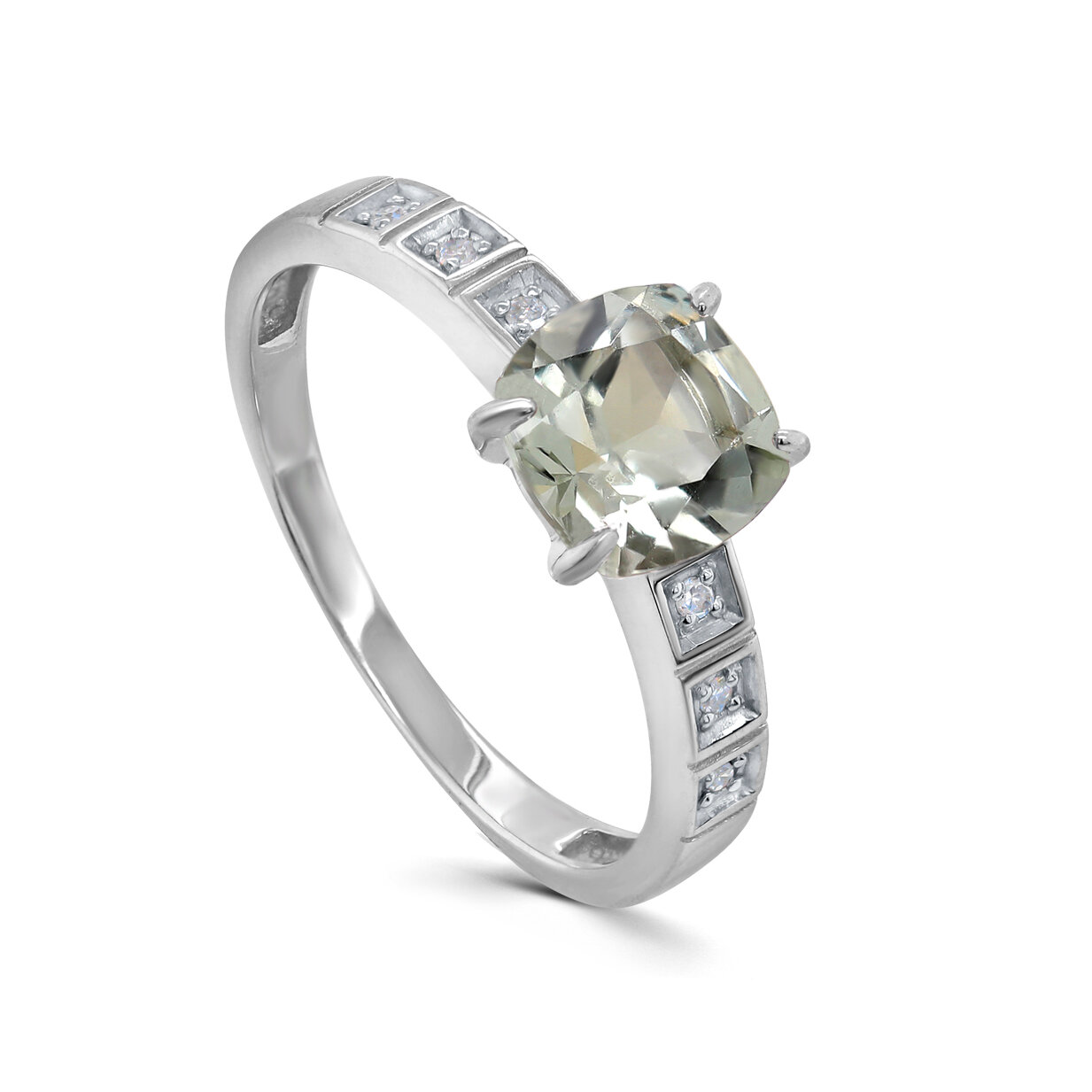 Кольцо, белое золото, 585 проба, празиолит, бриллиант