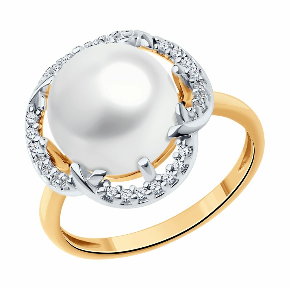 Кольцо, серебро, 925 проба, золочение, фианит, жемчуг пресноводный культивированный