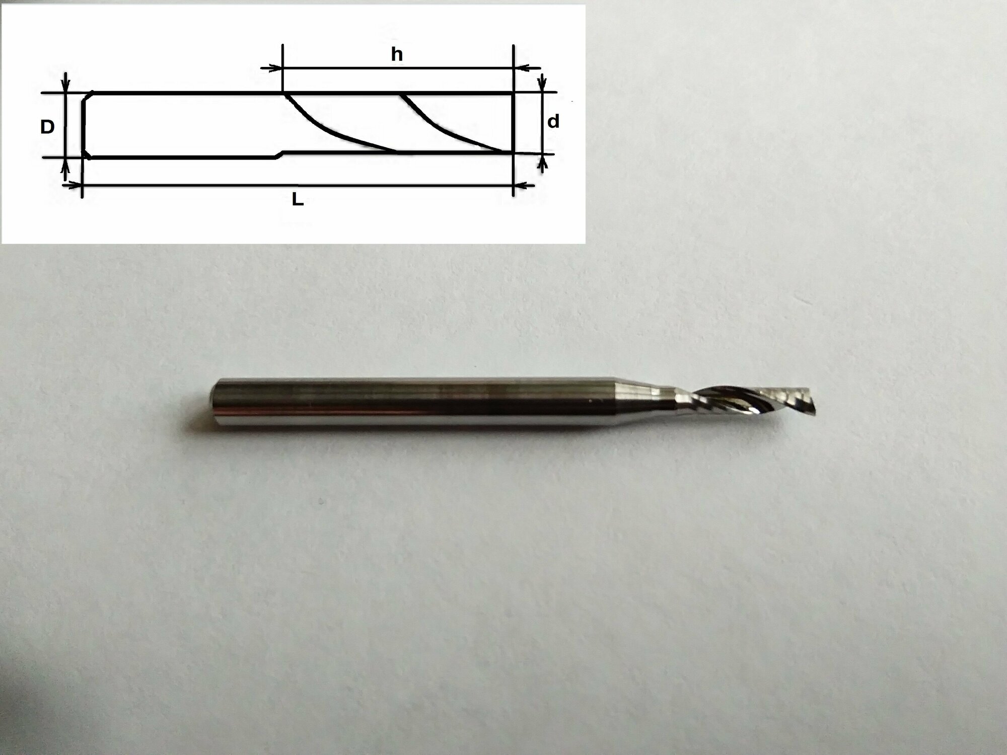Фреза спиральная однозаходная по акрилу YKL 3.2.08, d-2.0/ h-8/ D-3.175/ L-38. A series для ЧПУ станка