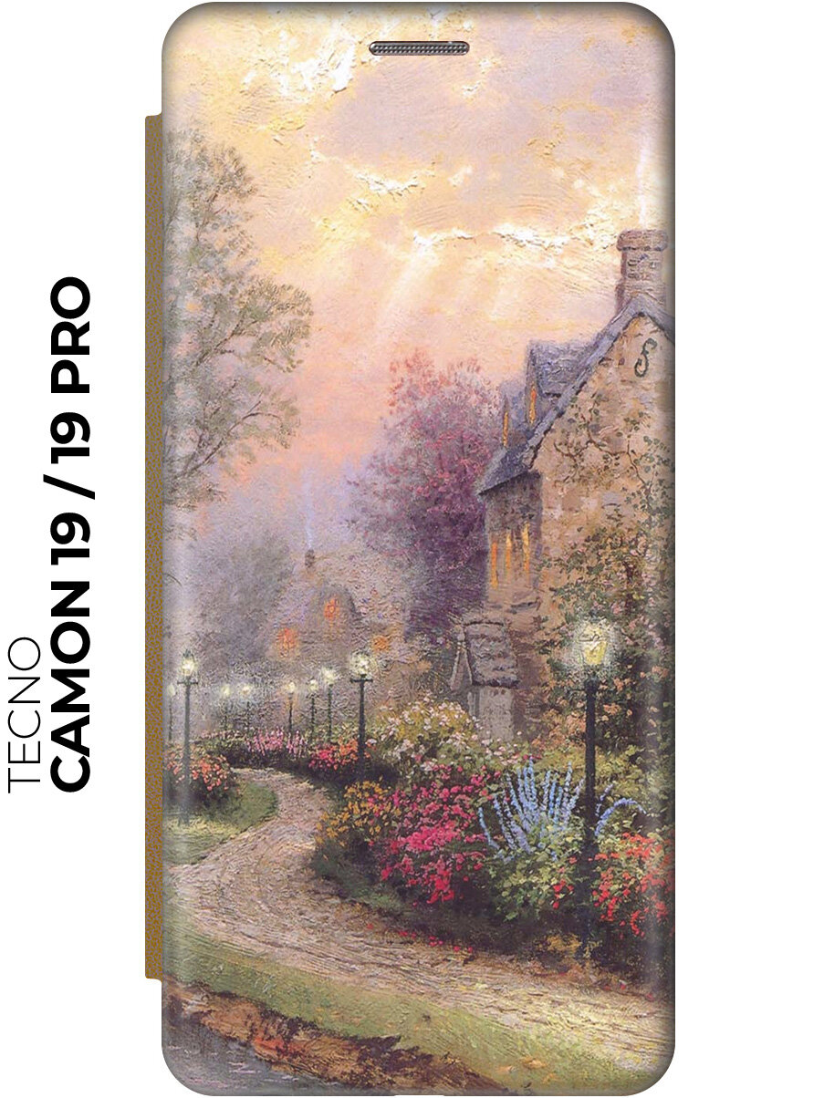 Чехол-книжка на Tecno Camon 19 / 19 Pro / Техно Камон 19 / 19 Про с рисунком "Сиреневый вечер" золотой