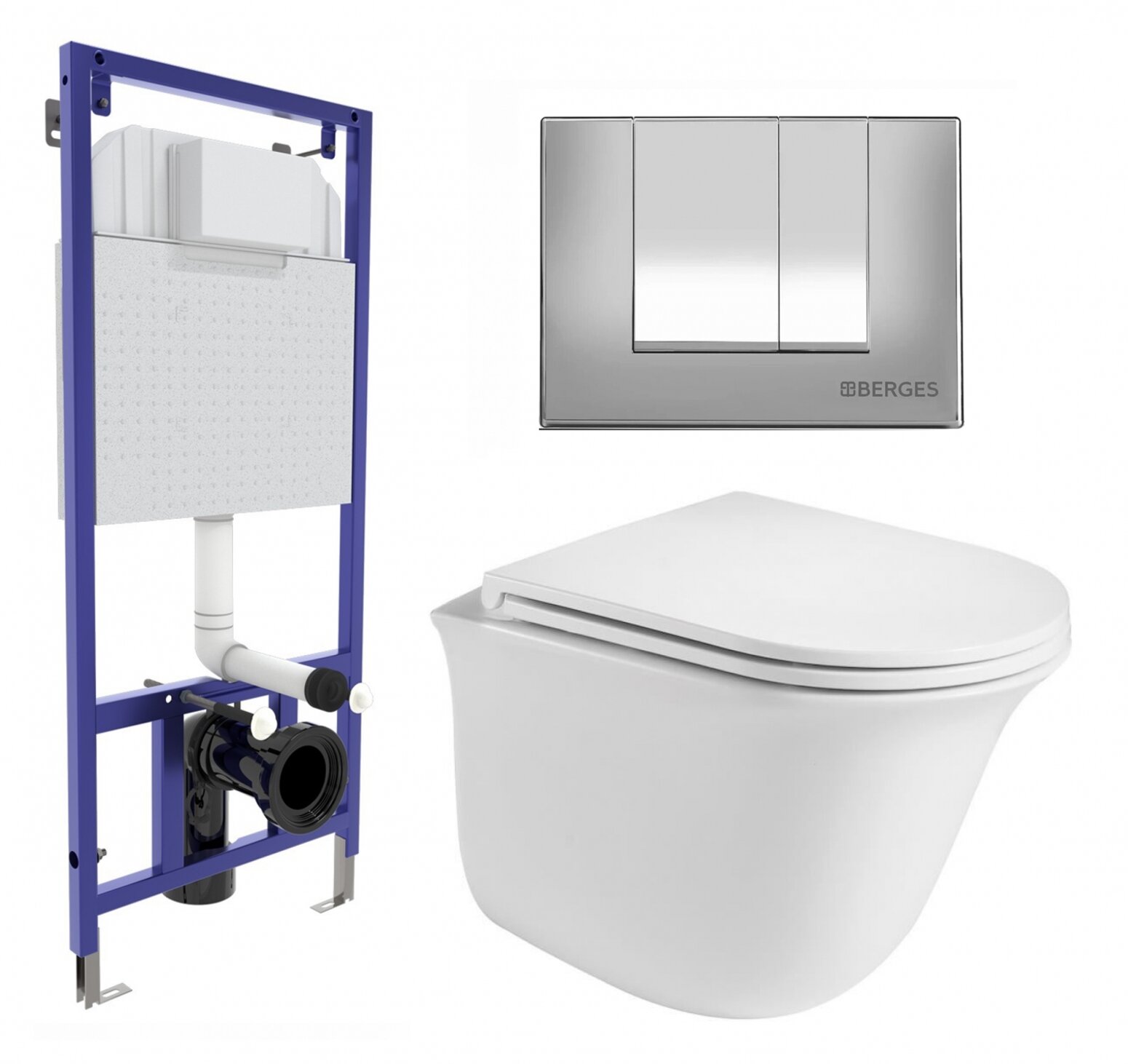 Комплект 3 в 1 инсталляция Berges Wasserhaus Novum 040242 + Подвесной унитаз WeltWasser Telbach 004 GL-WT + кнопка хром матовая