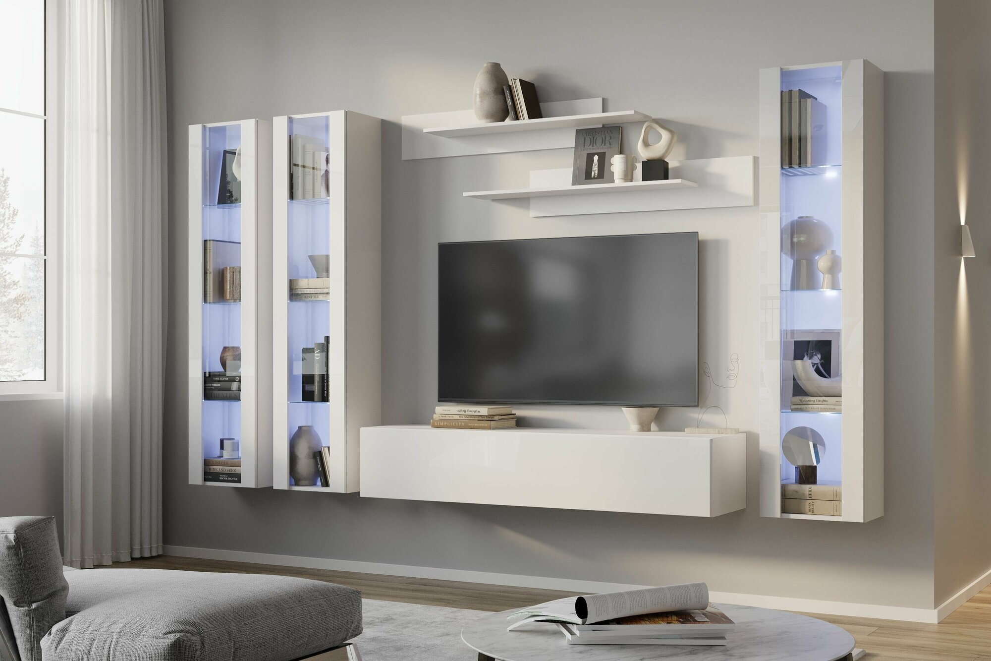 Стенка для гостиной POINT-К14W, модульная гостиная, тв тумба подвесная, Белый Глянец, 360х170х40 см. (ШхВхГ)