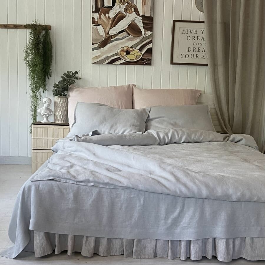 100% Льняное постельное белье 1,5 спальное умягченное На пуговицах Жемчужно-серое, наволочки 50х70