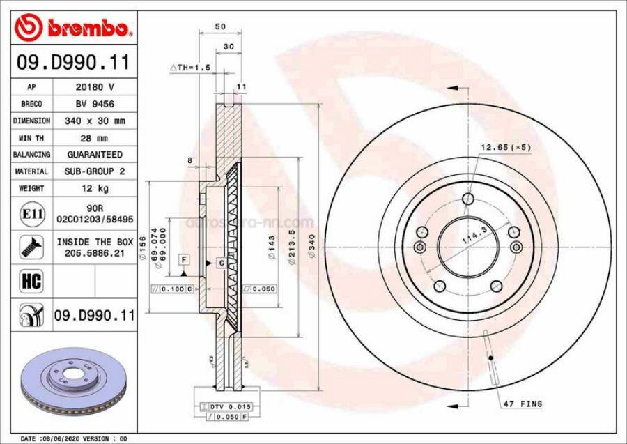 BREMBO 09D99011 Диск тормозной передний вентилируемый