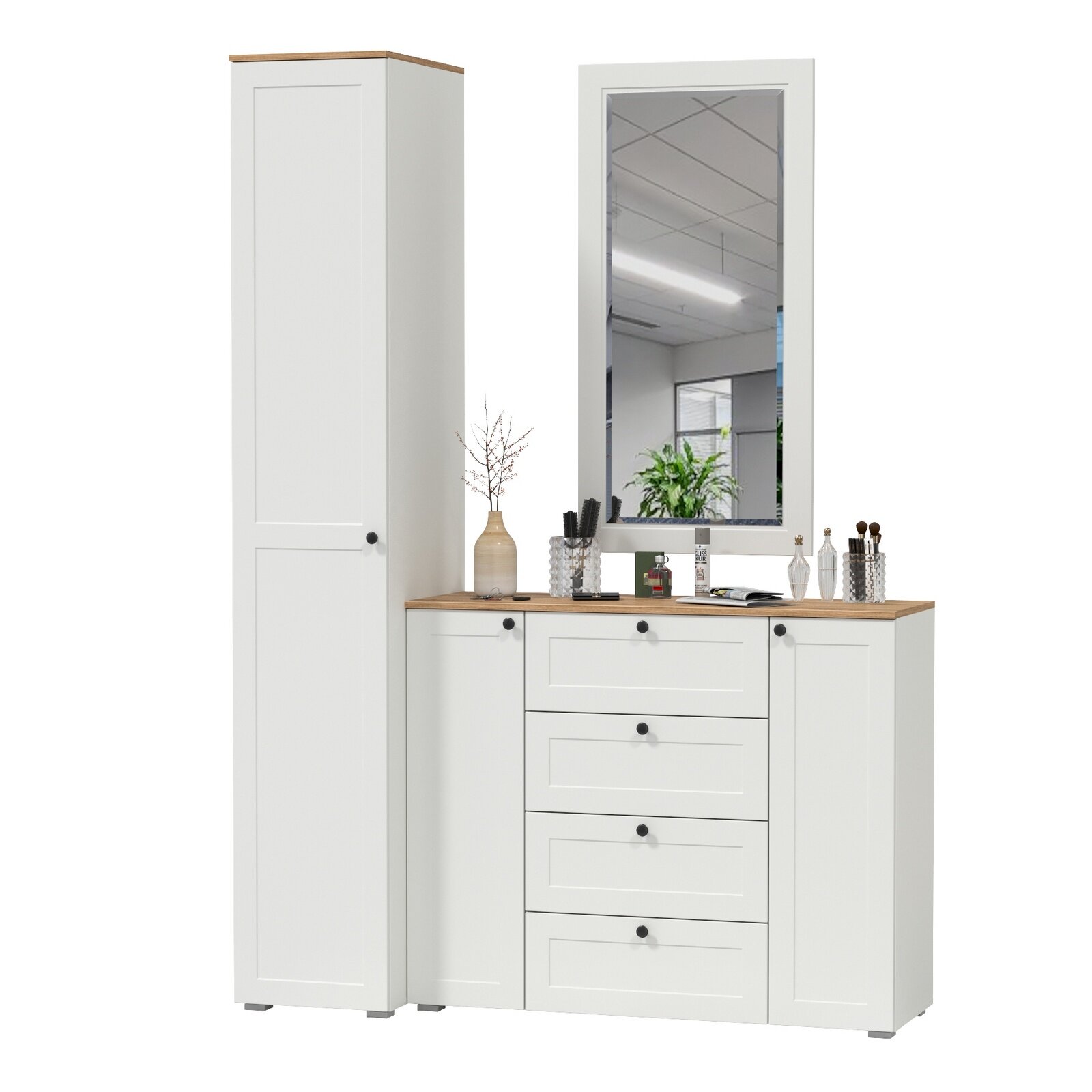 Комод четыре ящика и две дверки с пеналом для прихожей и зеркалом Остин цвет белый шагрень/дуб крафт золотой