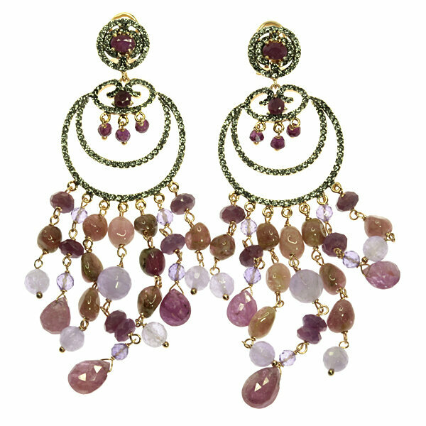 Серьги, серебро, 925 проба, аметист, турмалин, фианит, корунд