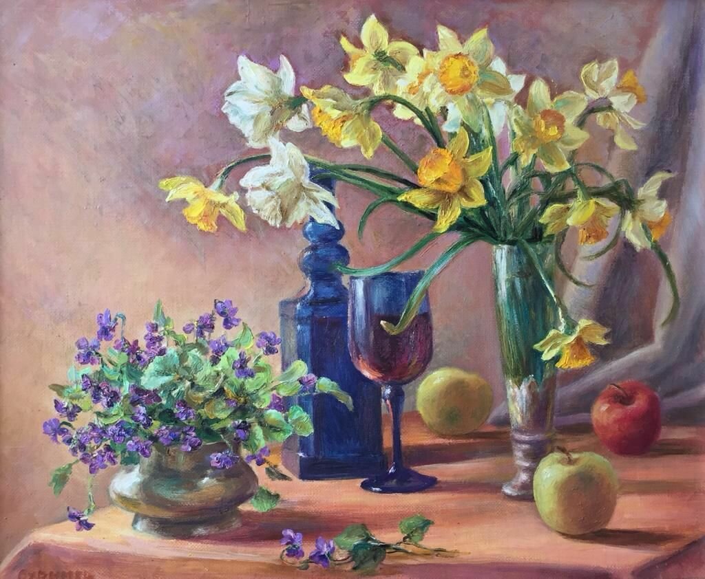 Картина "Натюрморт с фиалками", 50х60 см, холст, масло, авторская ;