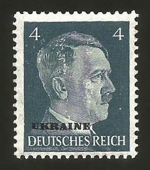Почтовая марка Германия. 4 рейхспфеннигов. Оккупация. Надпечатка UKRAINE. 1943 г.