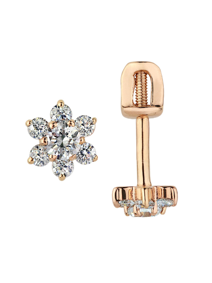 Серьги пусеты, красное золото, 585 проба, фианит