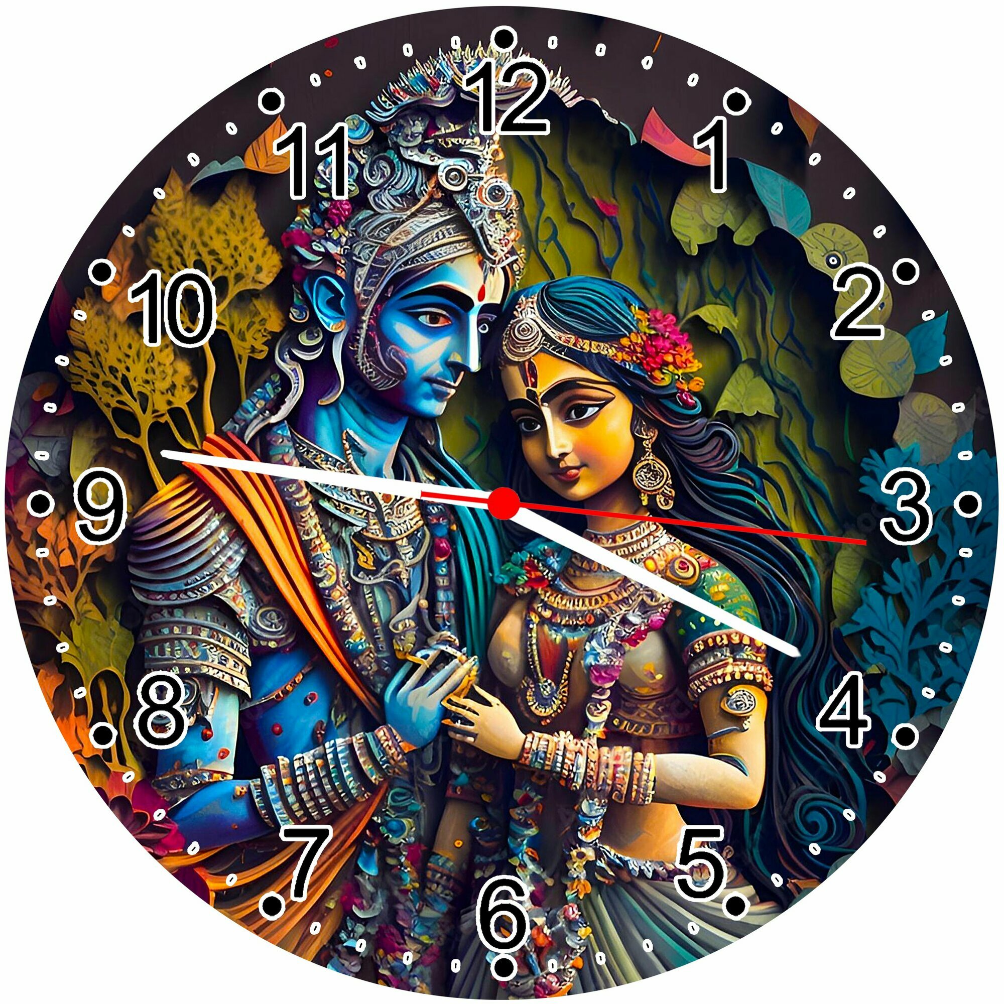Кришна и Радха, Уникальные Часы D - 27 см, настенные и настольные с подставкой в комплекте, из прессованной древесины (МДФ) - 5 мм,"кришна И радха, оберег семьи, символ вечной любви", Бесшумные, авторская, ручная работа/Харе Кришна/Подарок с любовью/