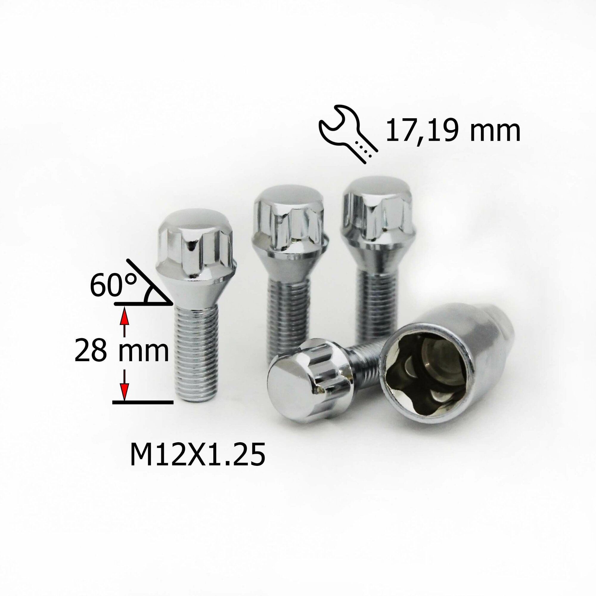 Комплект секретных болтов M12x1,25x28 Конус, 8 лучей, 1 ключ