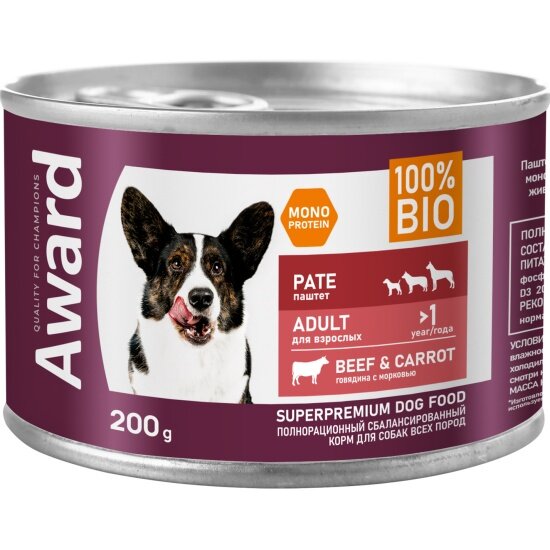 Корм влажный Award для взрослых собак паштет из говядины с морковью 200г