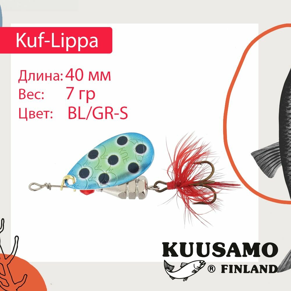 Блесна для рыбалки Kuusamo Kuf-Lippa 7гр. с оперением, BL/GR-S (вращающаяся)