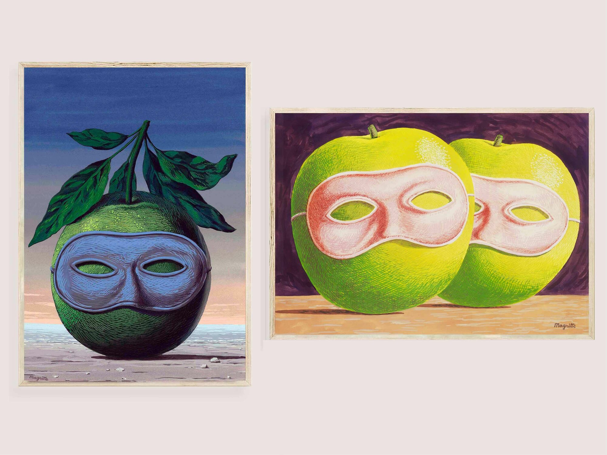 Набор интерьерных постеров - ретро афиши Рене Магритт "Яблоки" А3 без рамы. 2 винтажных плаката в стиле сюрреализм Rene Magritte для интерьера и в подарок
