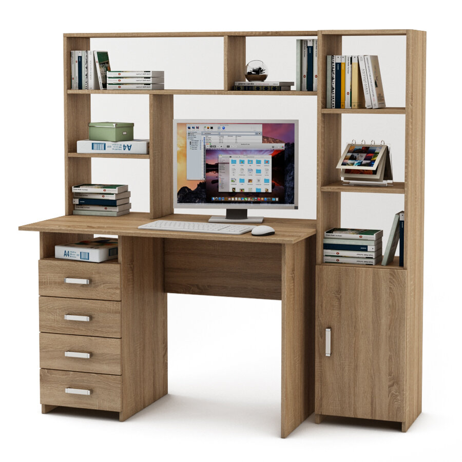 Стол письменный, компьютерный Лайт (Ньюкасл) 4 с надстройкой и стеллажом цвет: Дуб сонома