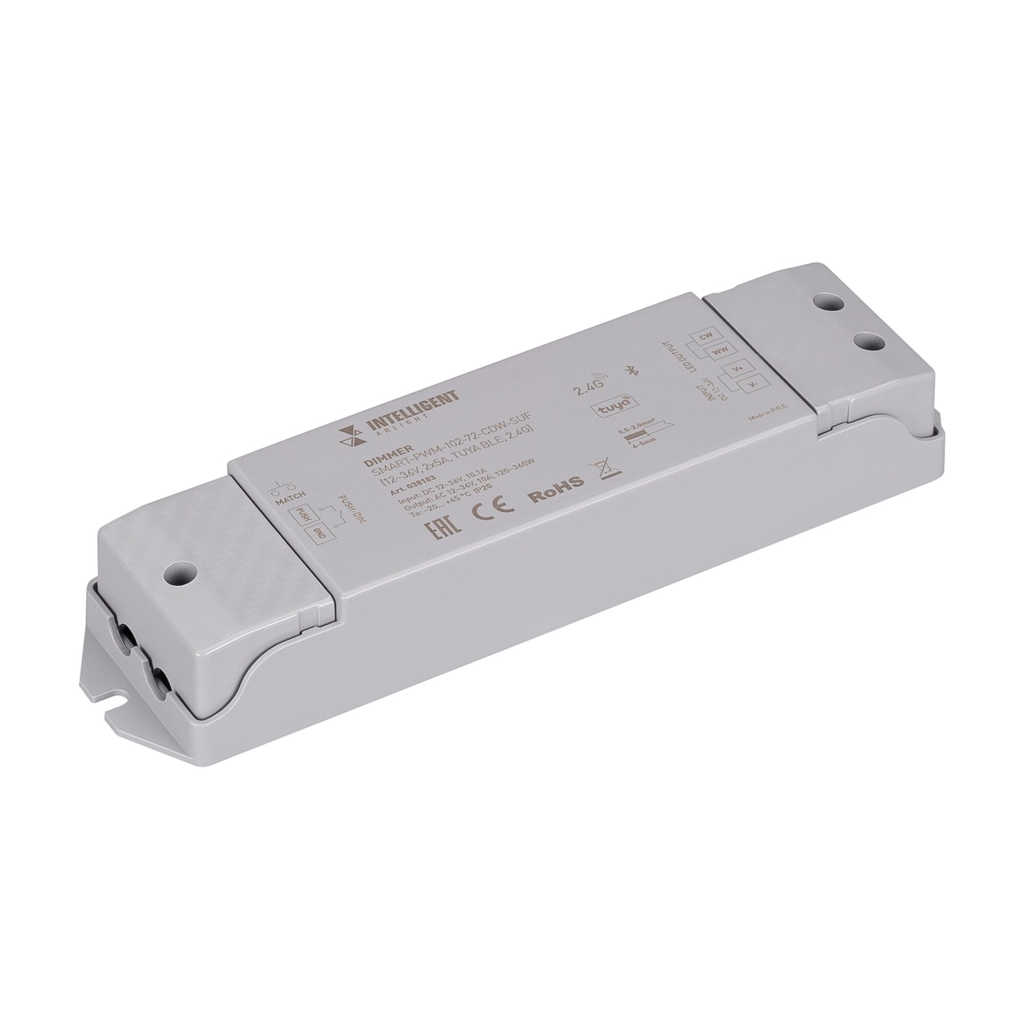 INTELLIGENT ARLIGHT Диммер SMART-PWM-102-72-CDW-SUF (12-36V, 2x5A, TUYA BLE, 2.4G) (IARL, IP20 Пластик, 5 лет) 038183