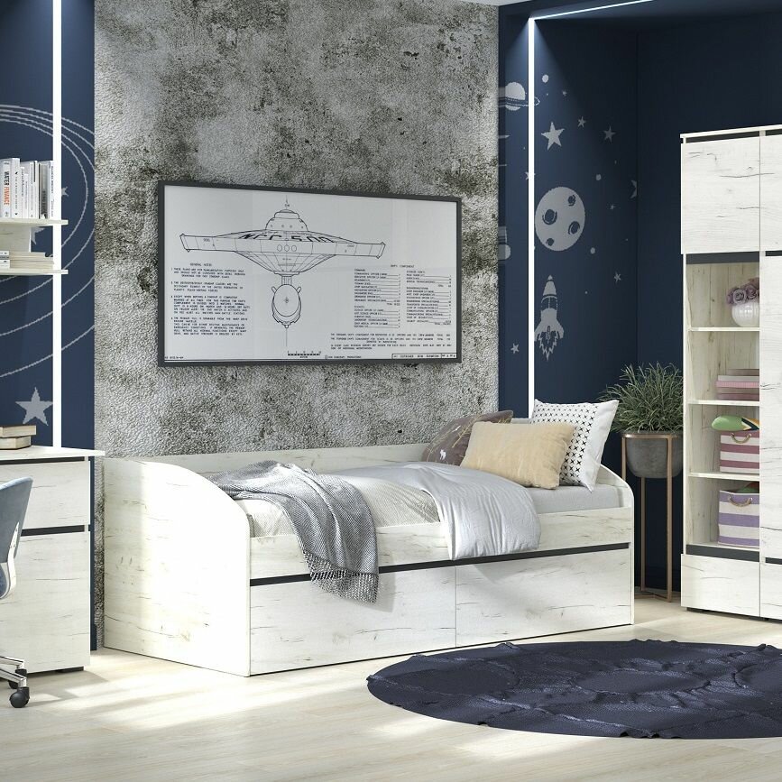 Кровать-софа Памир Гретта, 90х200 см, с ящиками, Крафт белый/Антрацит