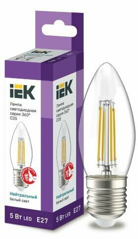 Лампа светодиодная LED С35 5Вт Е27 230В 4000К свеча прозр. серия 360 IEK, LLF-C35-5-230-40-E27-CL