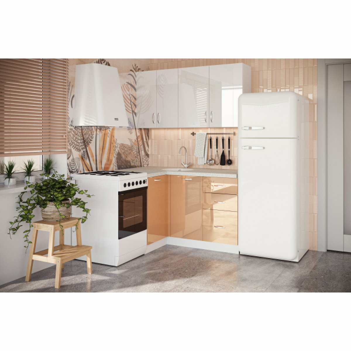 Модульная кухня "Виола НЕО" №2 1,2*1,4м - Белый глянец/Кофе с молоком глянец, фрезеровка "Мыло"