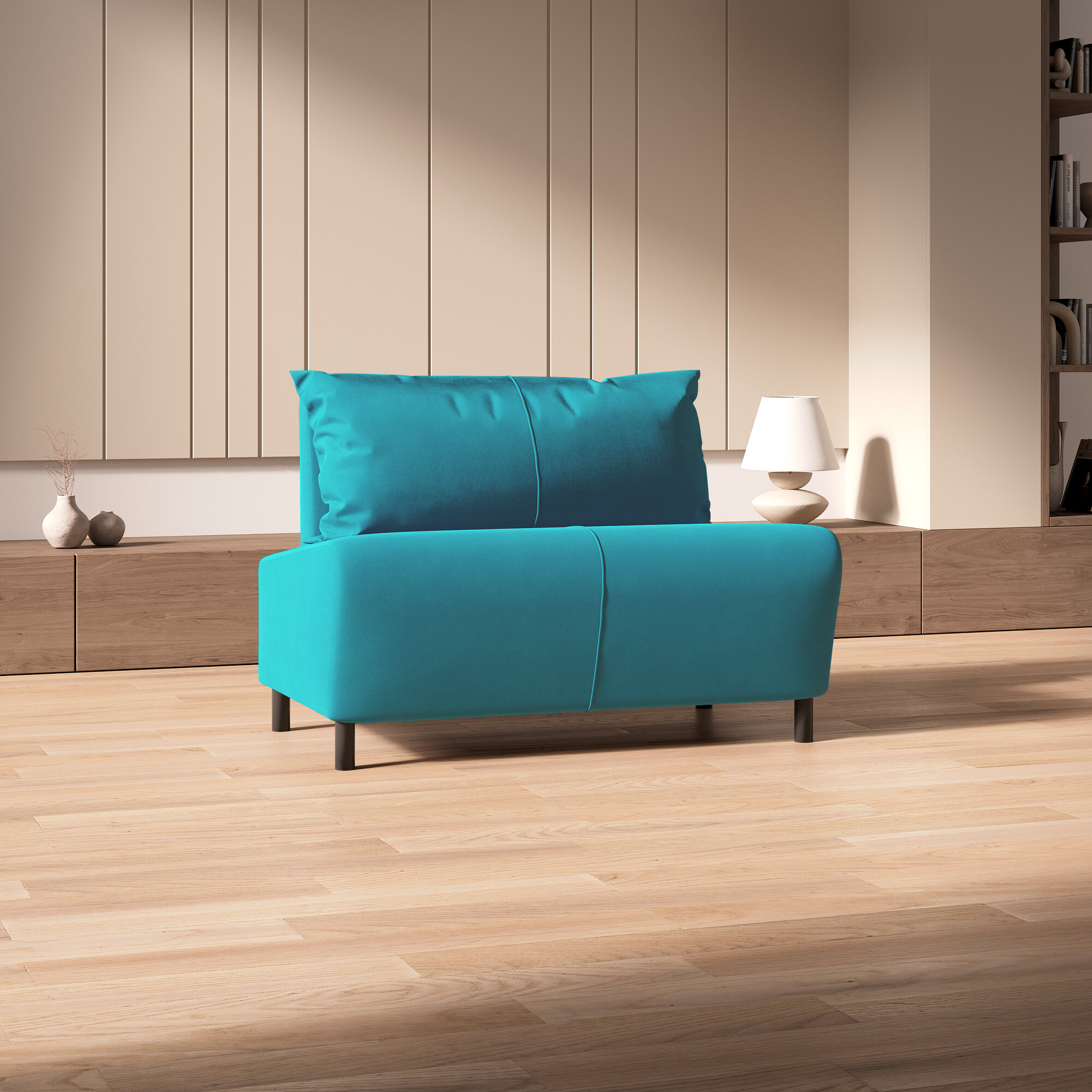 Диван TWIN, с подушкой, в офис, холл, 100 см, без подлокотников, антивандальный велюр, синий