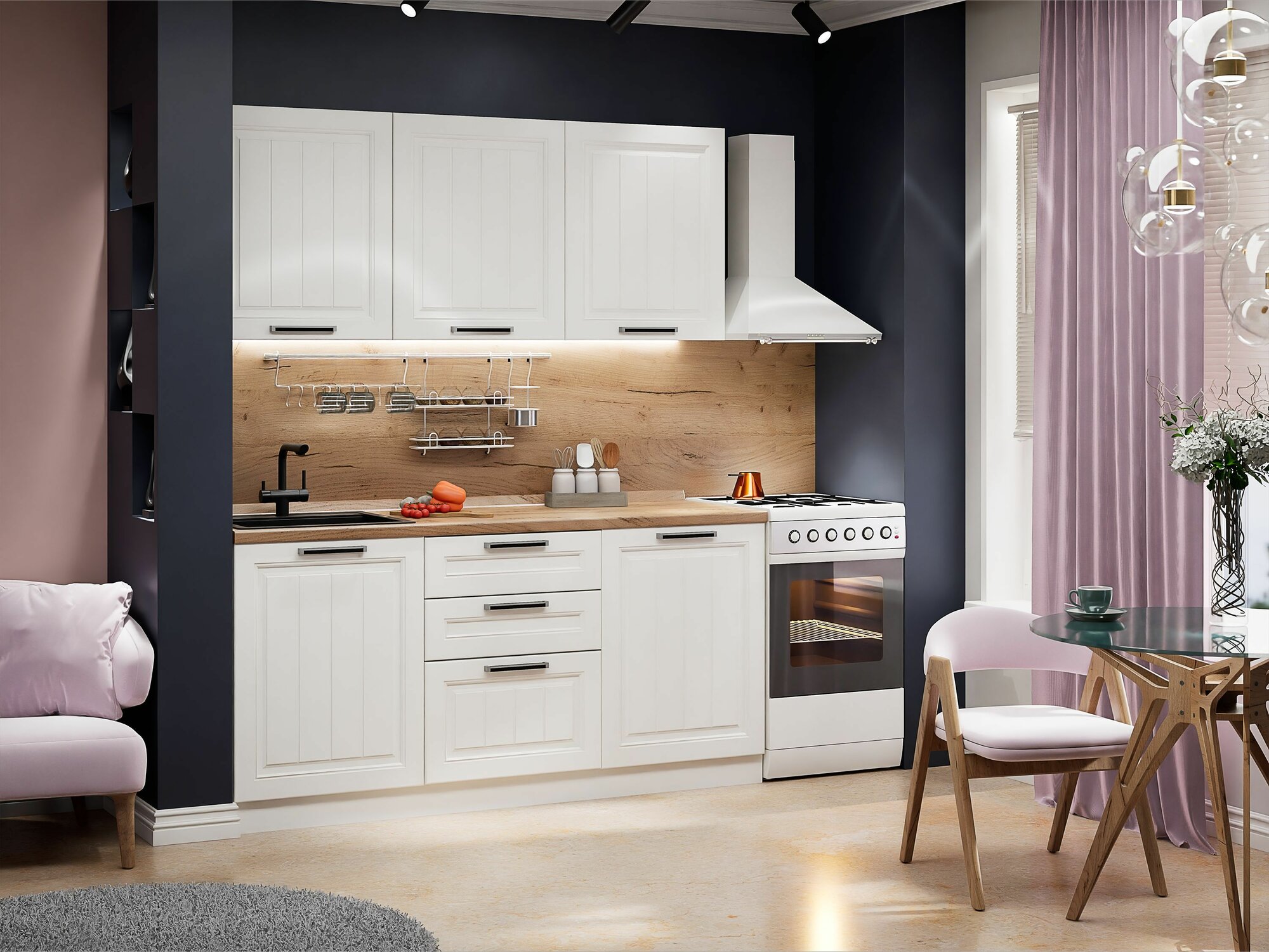 Кухонный гарнитур Прага, Белое дерево, 1800 мм