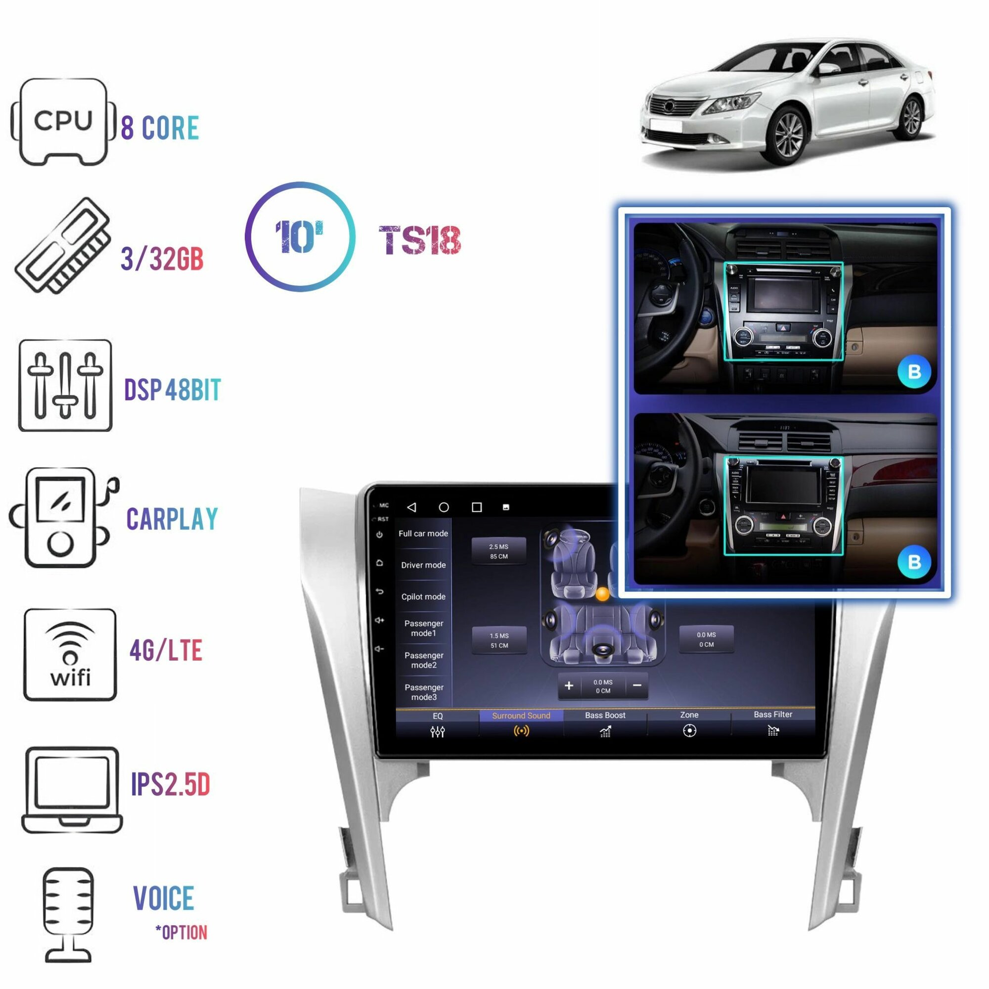 Магнитола XY AUTO TS18, для Toyota Camry XV V50 V55, поддержка CarPlay/Android, голосовое управление