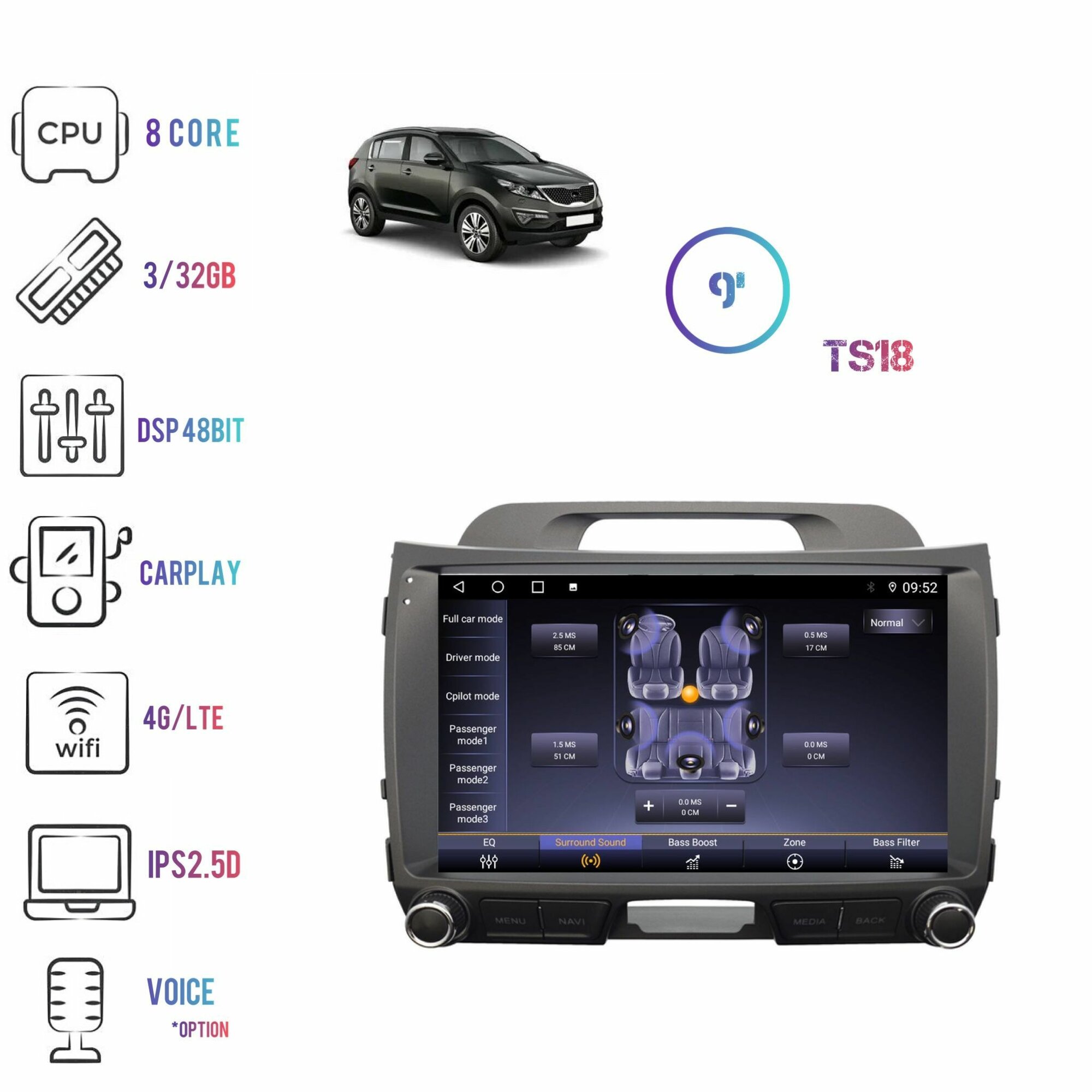 Магнитола XY AUTO TS18, для Kia Sportage 3, 2010-2016, 8 ядер, 3+32 Gb, голосовое управление
