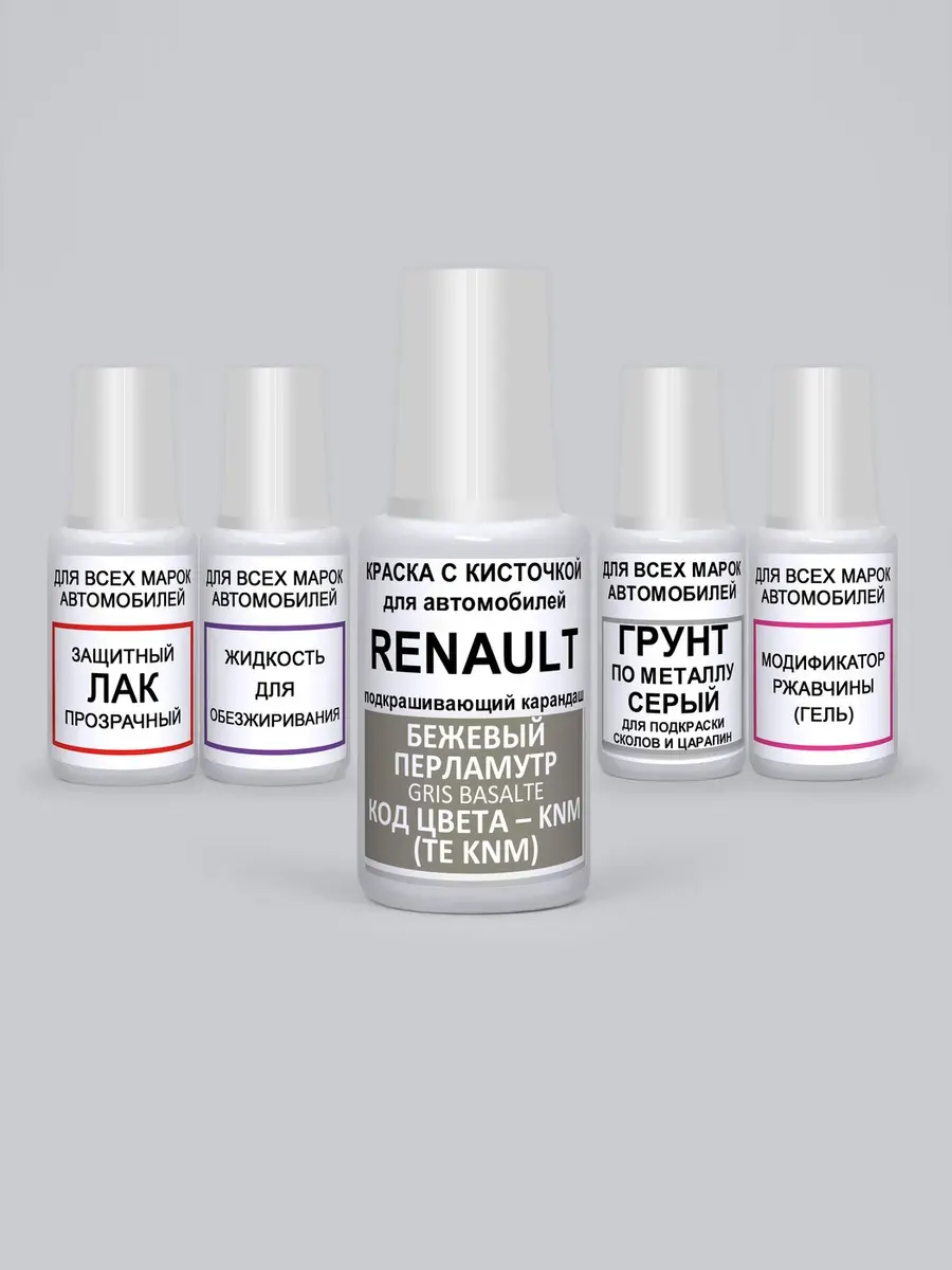 Краска для сколов во флаконе с кисточкой KNM (TE KNM) Renault Бежевый перламутр, Gris Basalte, краска+лак 5 предметов 95мл