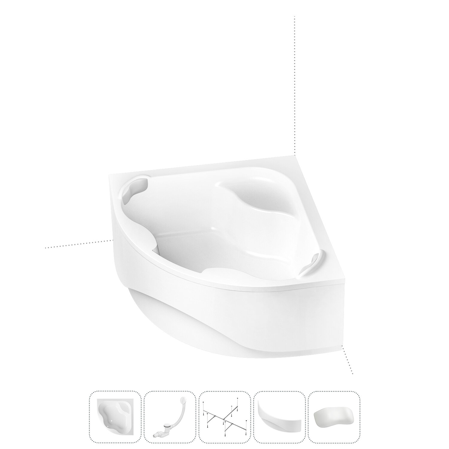 Угловая ванна акриловая 150 x 150 с каркасом и экраном Lavinia Boho Aveo 202011692 в наборе 5 в 1: акриловая ванна, слив-перелив, каркас, экран, подголовник 2 шт.