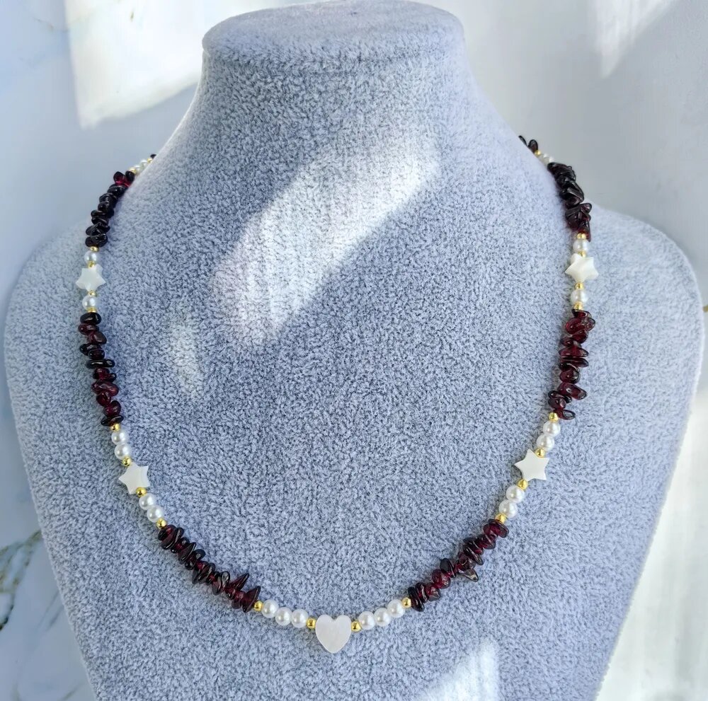 Бусы, гранат, перламутр, жемчуг имитация