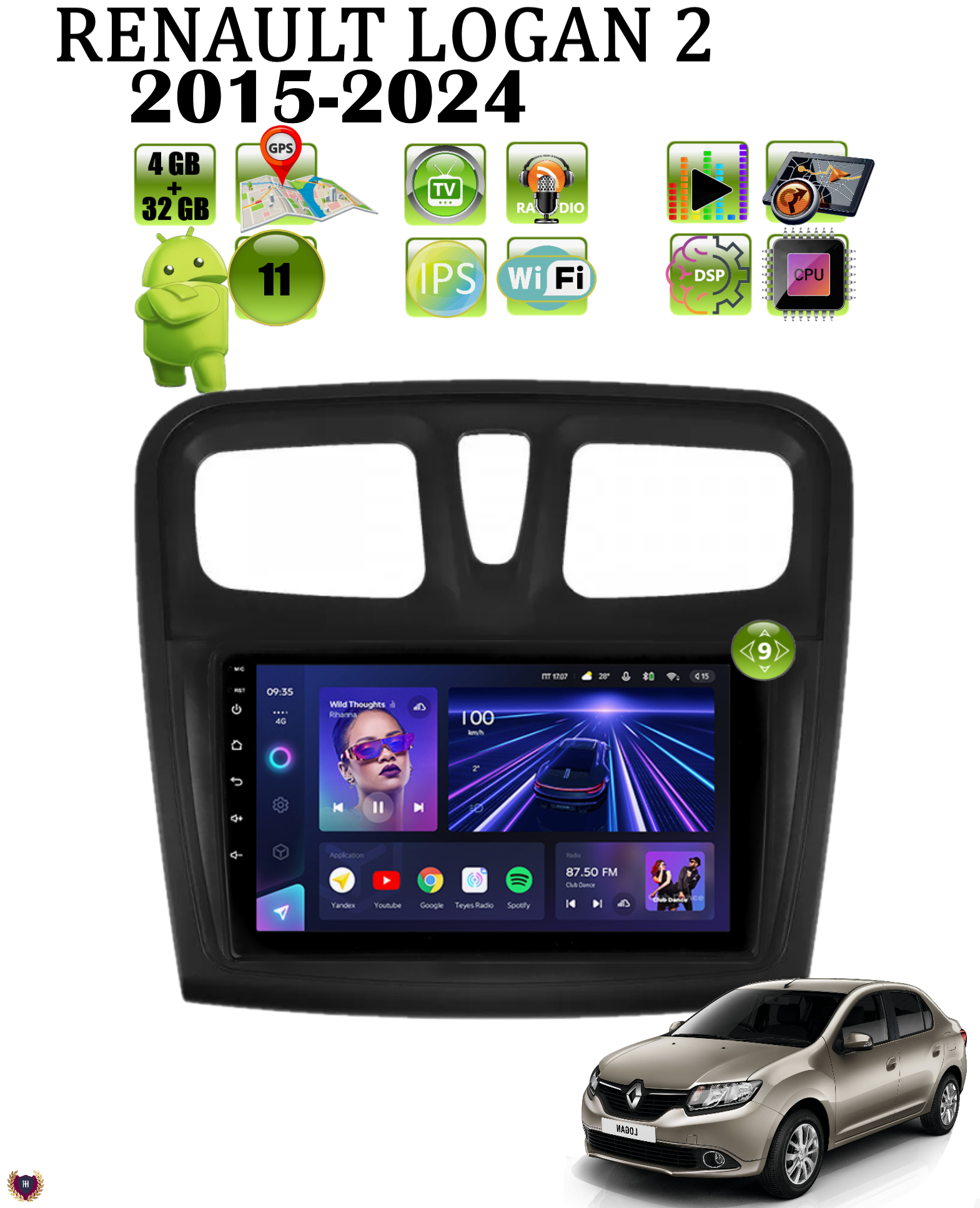 Автомагнитола для Renault Logan 2 (2015-2024), Android 11, 4/32 GB, CarPlay, WiFi, Android Auto, сенсорные кнопки, поддержка кнопок на руле