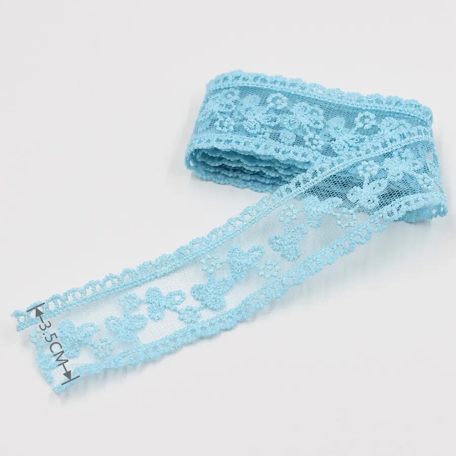 Кружевная лента с вышивкой 35 мм, полиэстер/хлопок, 2 ярда Бирюзовый, Blue 35mm