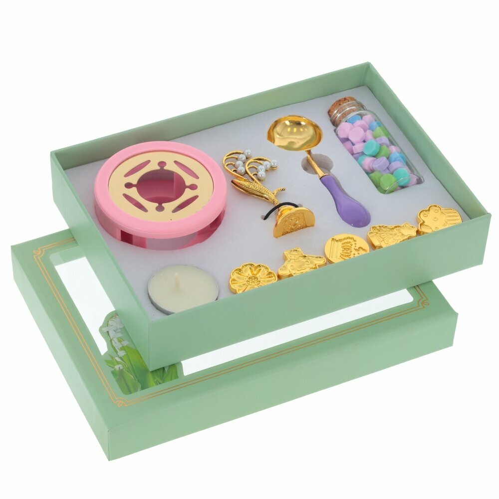 Набор для сургучной печати: ложка, печь для плавл, воск, свеча, печать, 5 штампов, 21х15х4 см KSM-815480