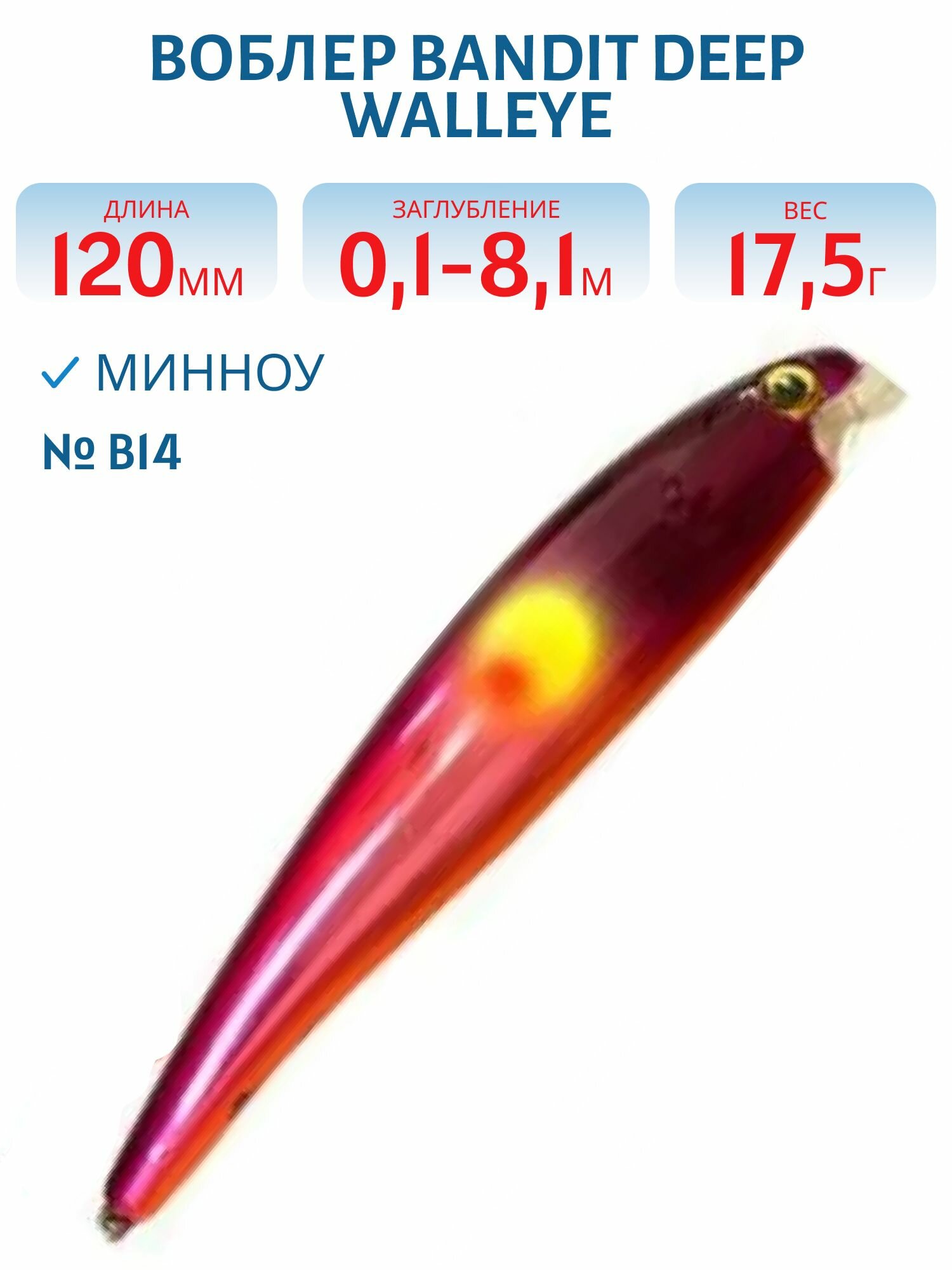 Воблер BANDIT DEEP WALLEYE, 120 мм, 17,5 гр, цвет B14