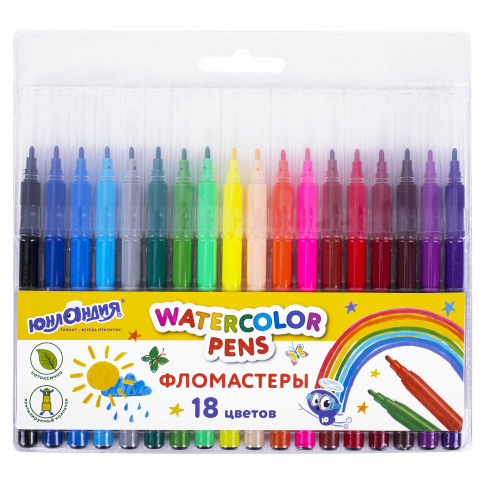 Фломастеры юнландия 18 цветов "классные!", вентилируемый колпачок, ПВХ, 152479, 152479
