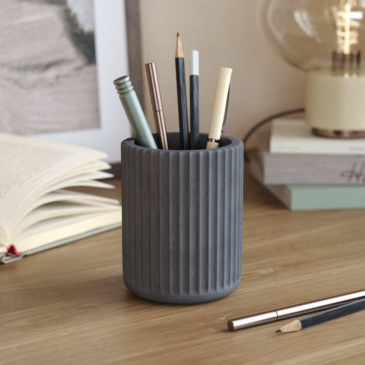 Стакан канцелярский Chloe, подставка для ручек и карандашей, 11х9х9 см, бетон, графит матовый