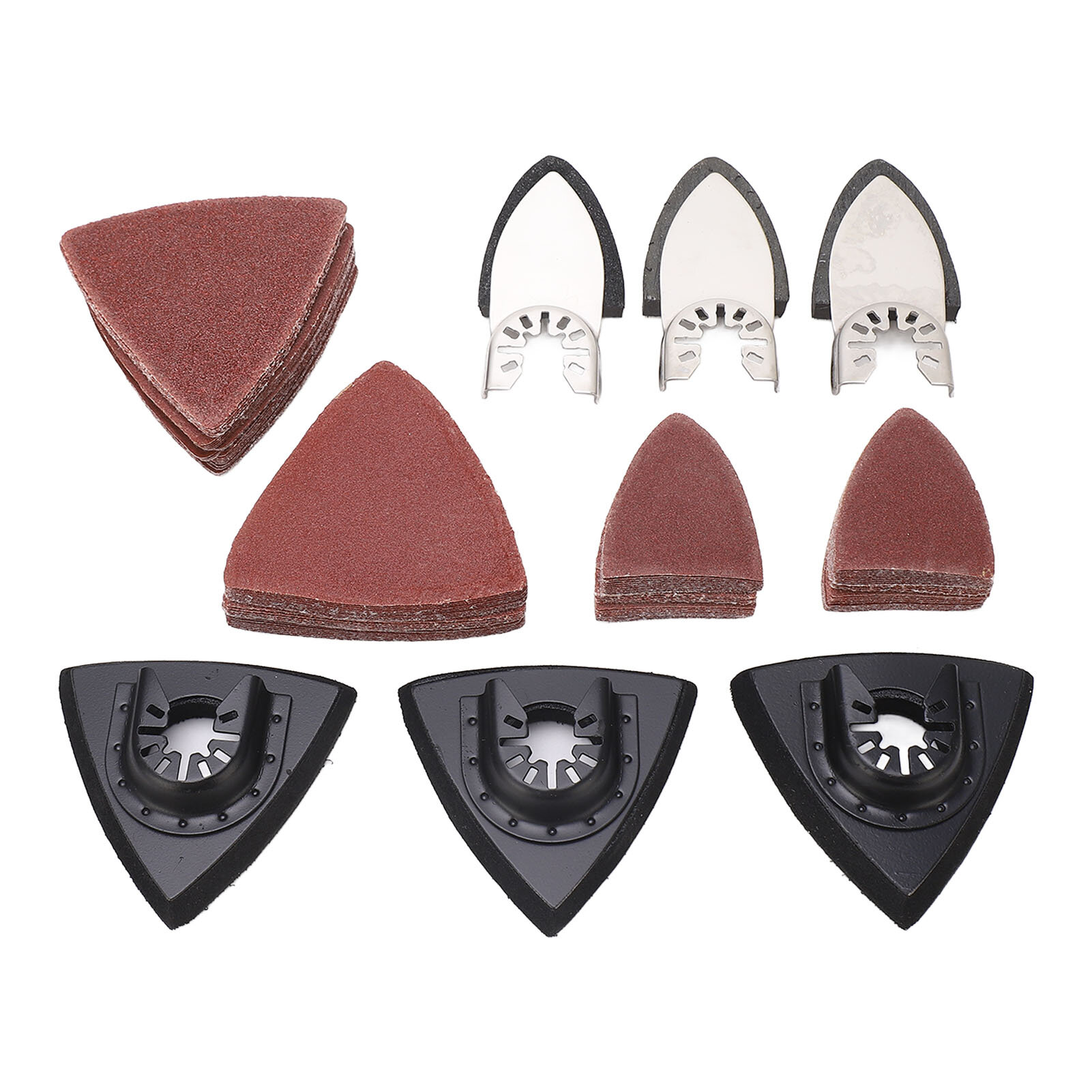 Набор из 106 шлифовальных дисков для осциллирующего инструмента по металлу с 6 треугольными накладками и 100 листами наждачной бумаги для многофункциональных инструментов. Прочный и универсальный.