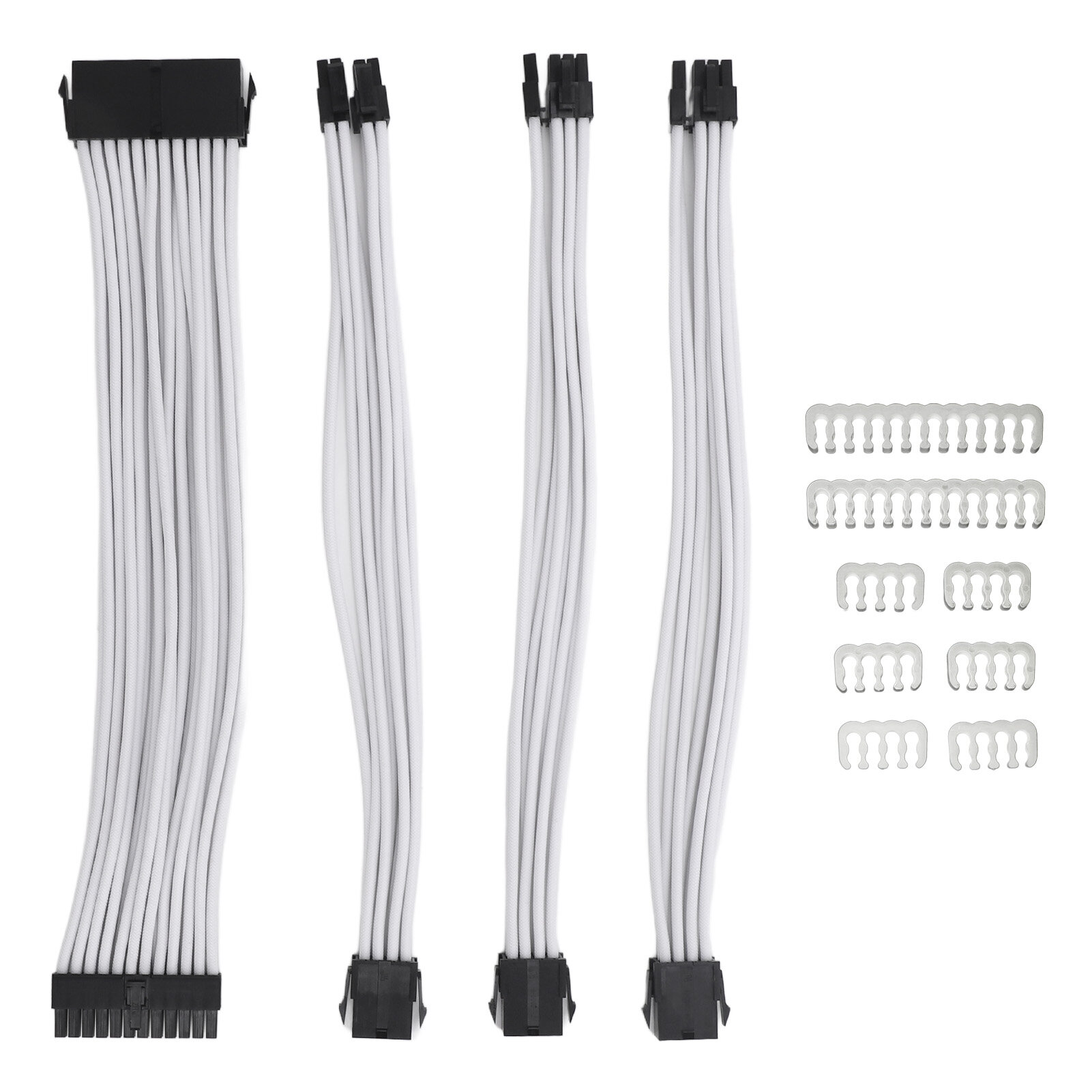 4PCS 18AWG PSU Cable Extension Power Cords 30cm Nylon Sleeved 24 Pin ATX 4+4Pin CPU 6+2Pin PCIE GPU Supply with Combs White