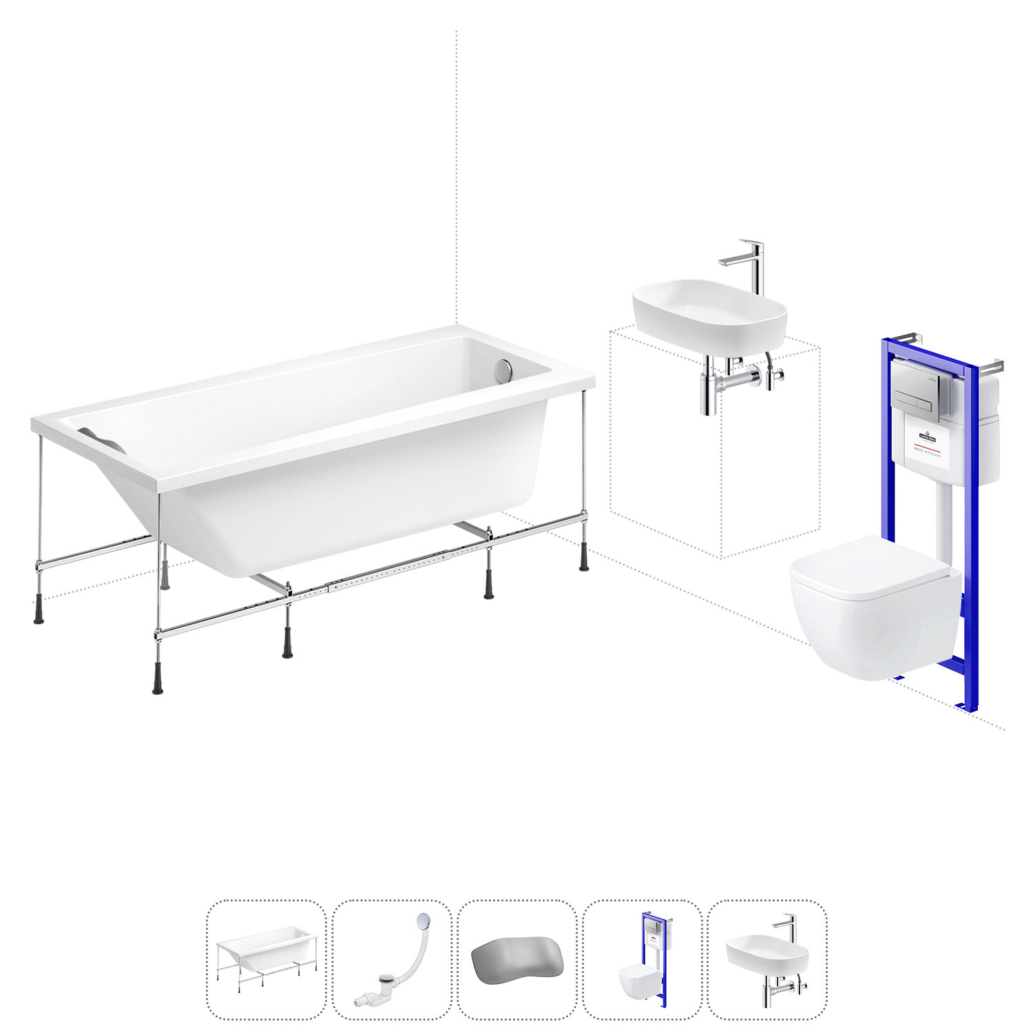 Акриловая ванна 160x75 с каркасом Lavinia Boho Rock 20221317R в наборе 6 в 1: ванна, ножки, слив-перелив, подголовник, унитаз в комплекте, раковина в комплекте