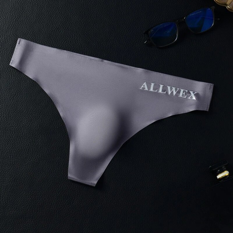 Бесшовные стринги из ледяного шелка, мужские сексуальные выпуклые трусы, нижнее белье, мягкие трусики, дышащие трусы, прозрачное нижнее белье, стринги с низкой посадкой M, Dark Gray